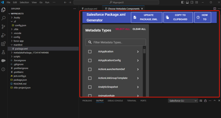 下図の赤枠部分がSalesforce Package.xml Generator Extension for VS Codeを開いた画面です。